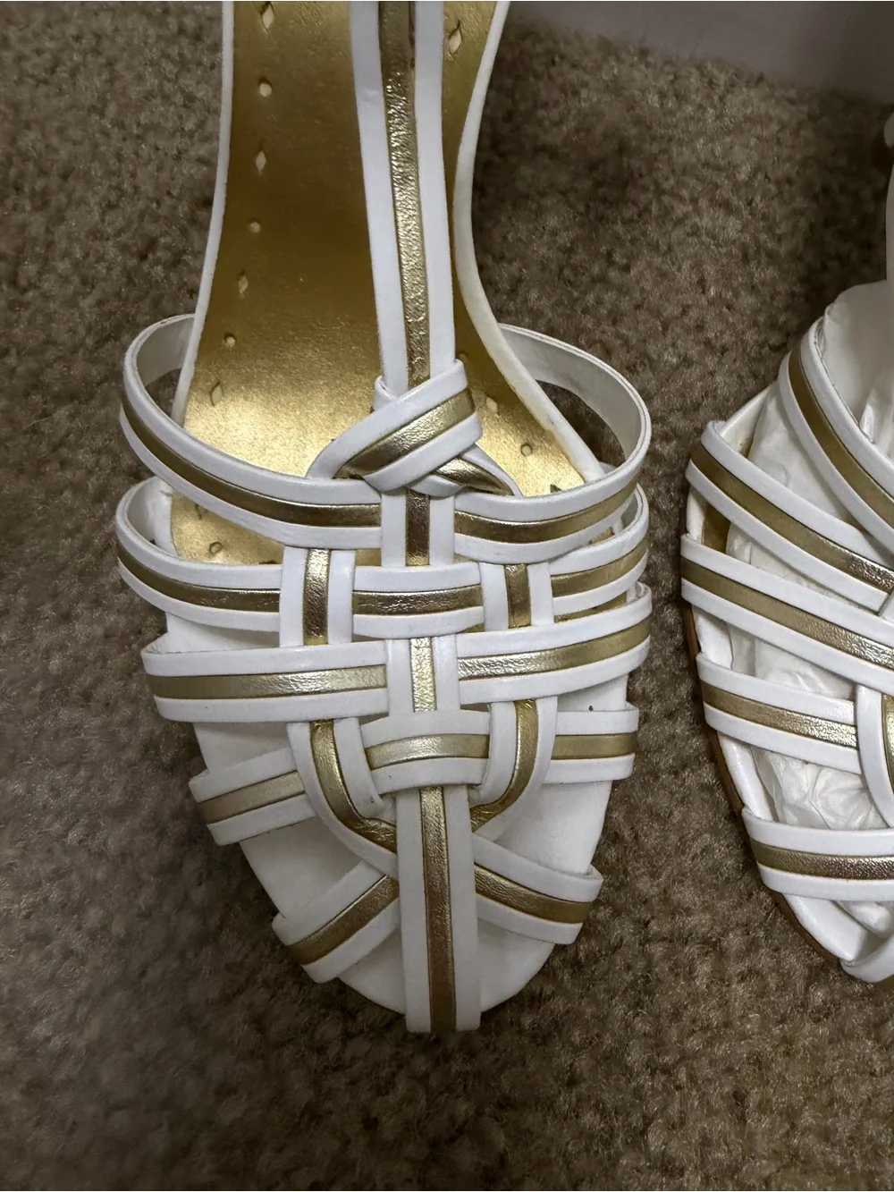 BCBG | Shoes | Bcbg White And Gold Strappy Woven Tbar Heels | Poshmark